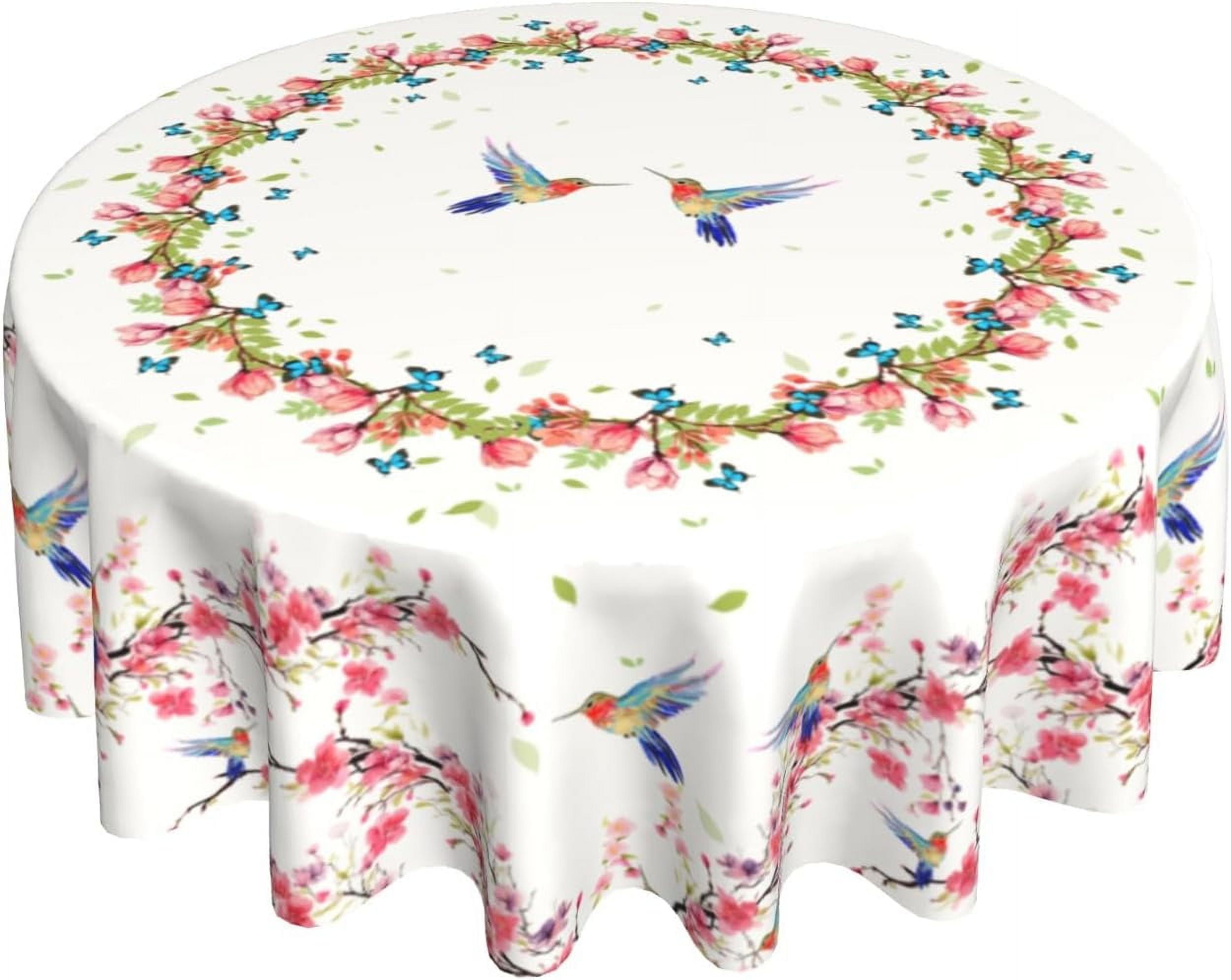 Hummingbird Round Tablecloth 60 Inch, Spring Summer Flowers Butterflies ...