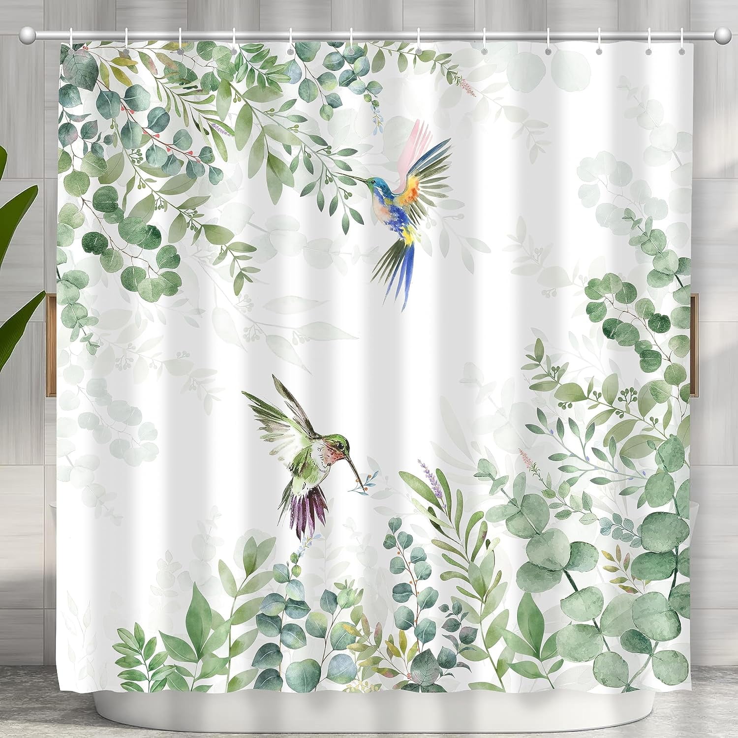 Hummingbird Sage Green Eucalyptus Leaves Shower Curtain Spring Summer