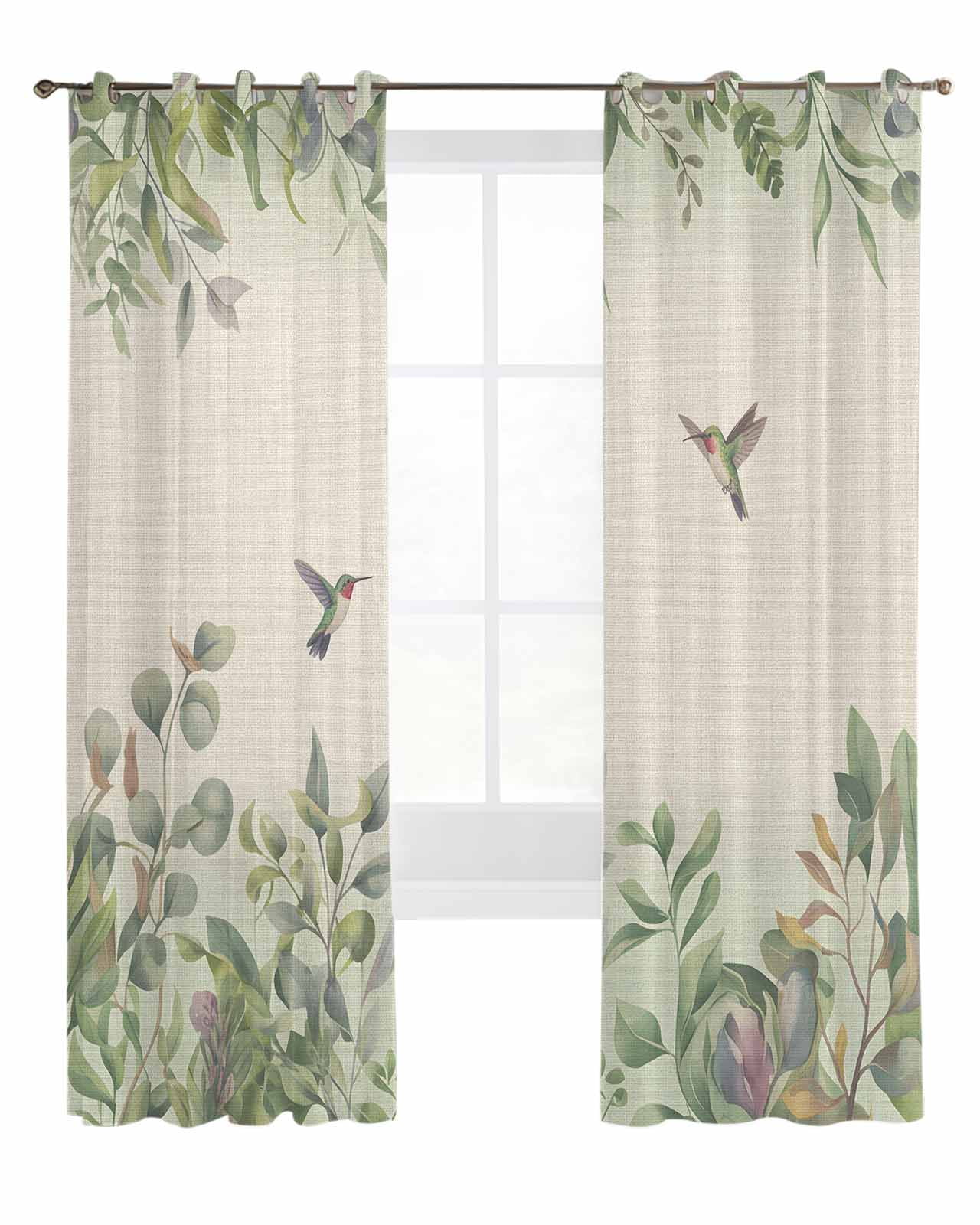 Hummingbird Sheer Curtains 84 Inch Length 2 Panels Sage Green Plant ...