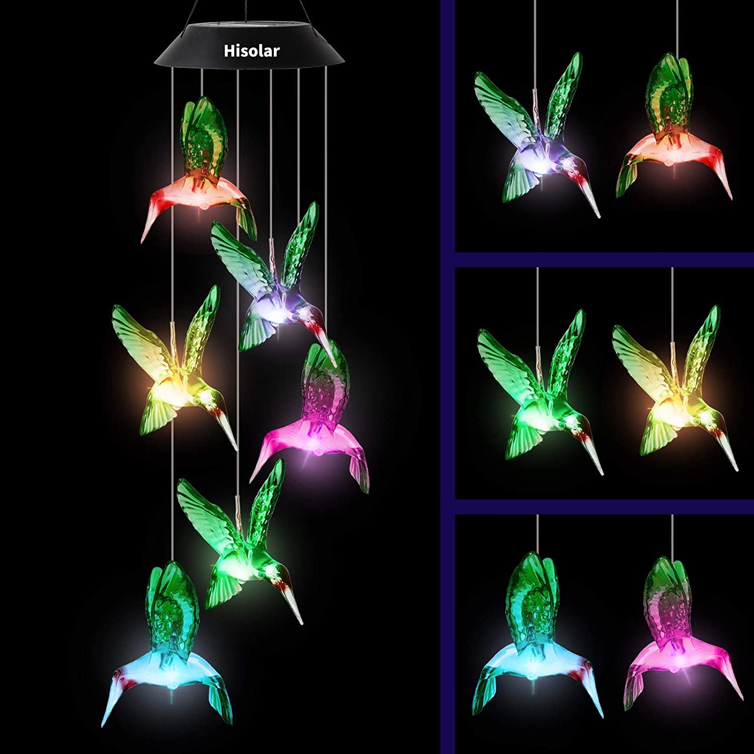 Hummingbird Solar Wind Chimes Outdoor Color Changing LED Solar Chimes ...