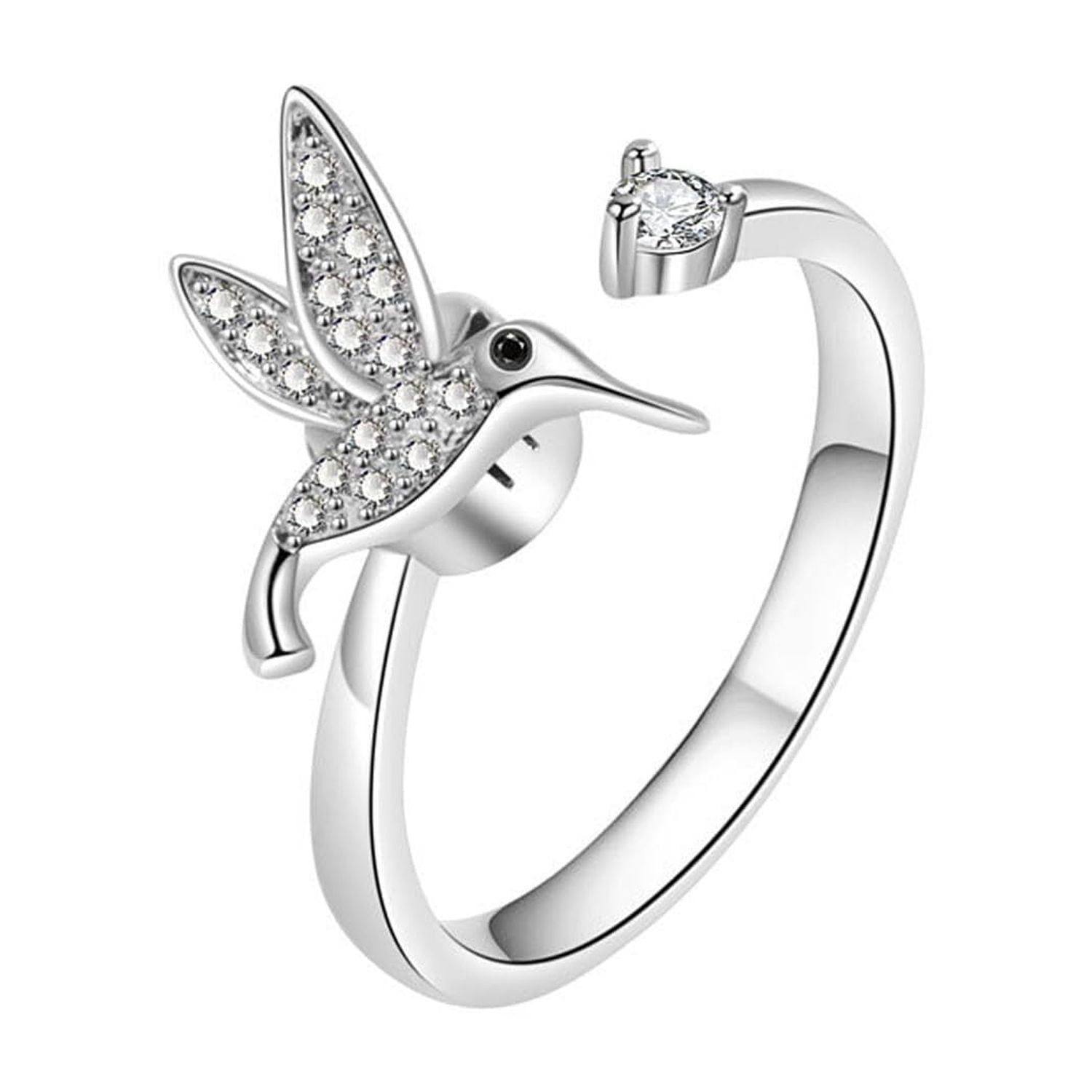 Hummingbird Spoon Ring Adjustable Open Ring 1.8 Ct Diamond 14K White ...