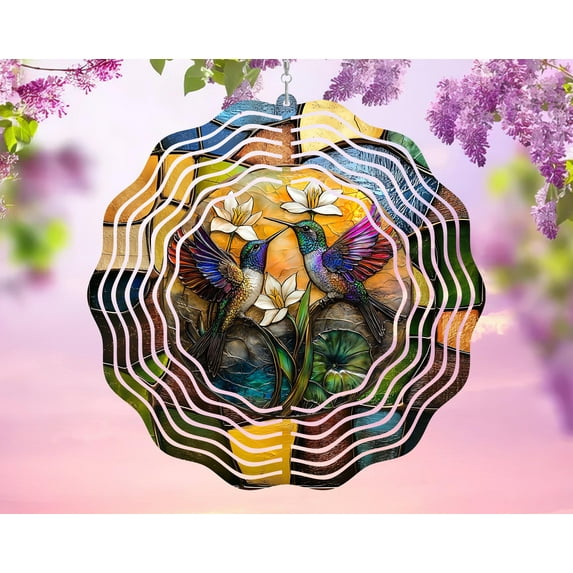 Hummingbird Stained Glass 3D Wind Spinner Floral Outdoor Decor ...