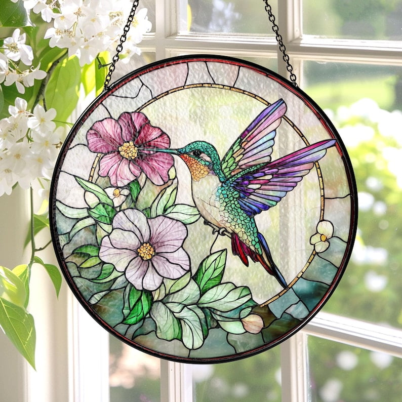 Hummingbird Stained Glass Suncatcher, Hummingbird Window Hanging, Bird ...