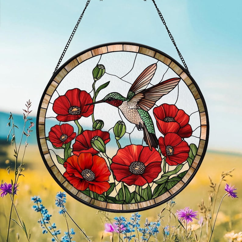 Hummingbird Stained Glass Suncatcher, Poppies Flower Window Hanging ...