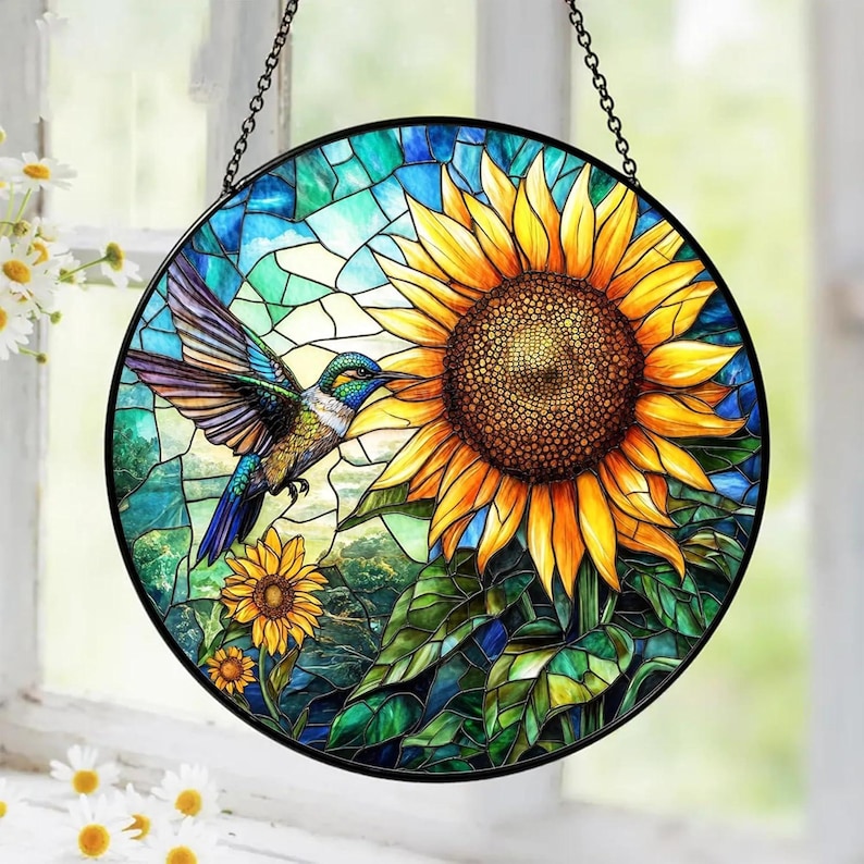 Hummingbird Stained Glass Suncatcher – Sunflower Window HangingTexas ...