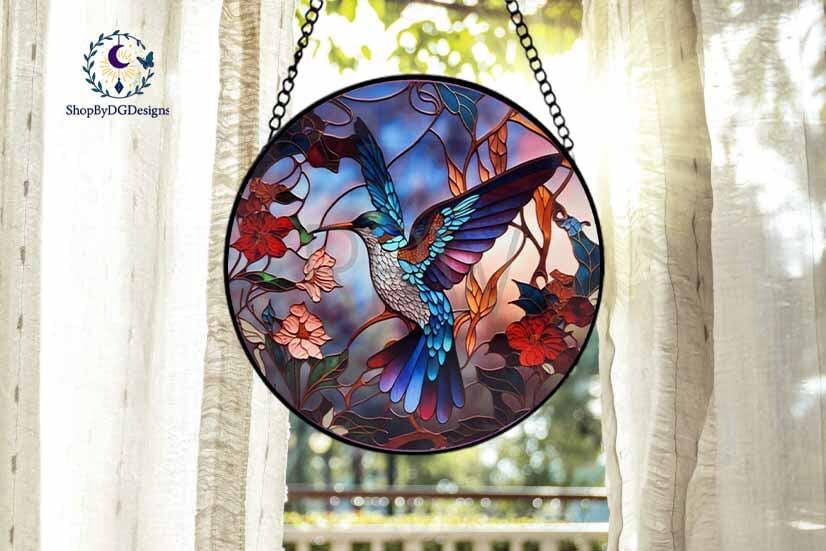 Hummingbird Stained Glass Window Hanging, Vibrant Flying Bird Sun ...