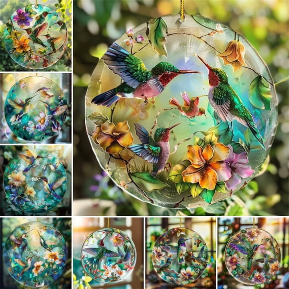 Large Hummingbird Pair Bird Suncatcher 8x8" Stained Glass Effect ...