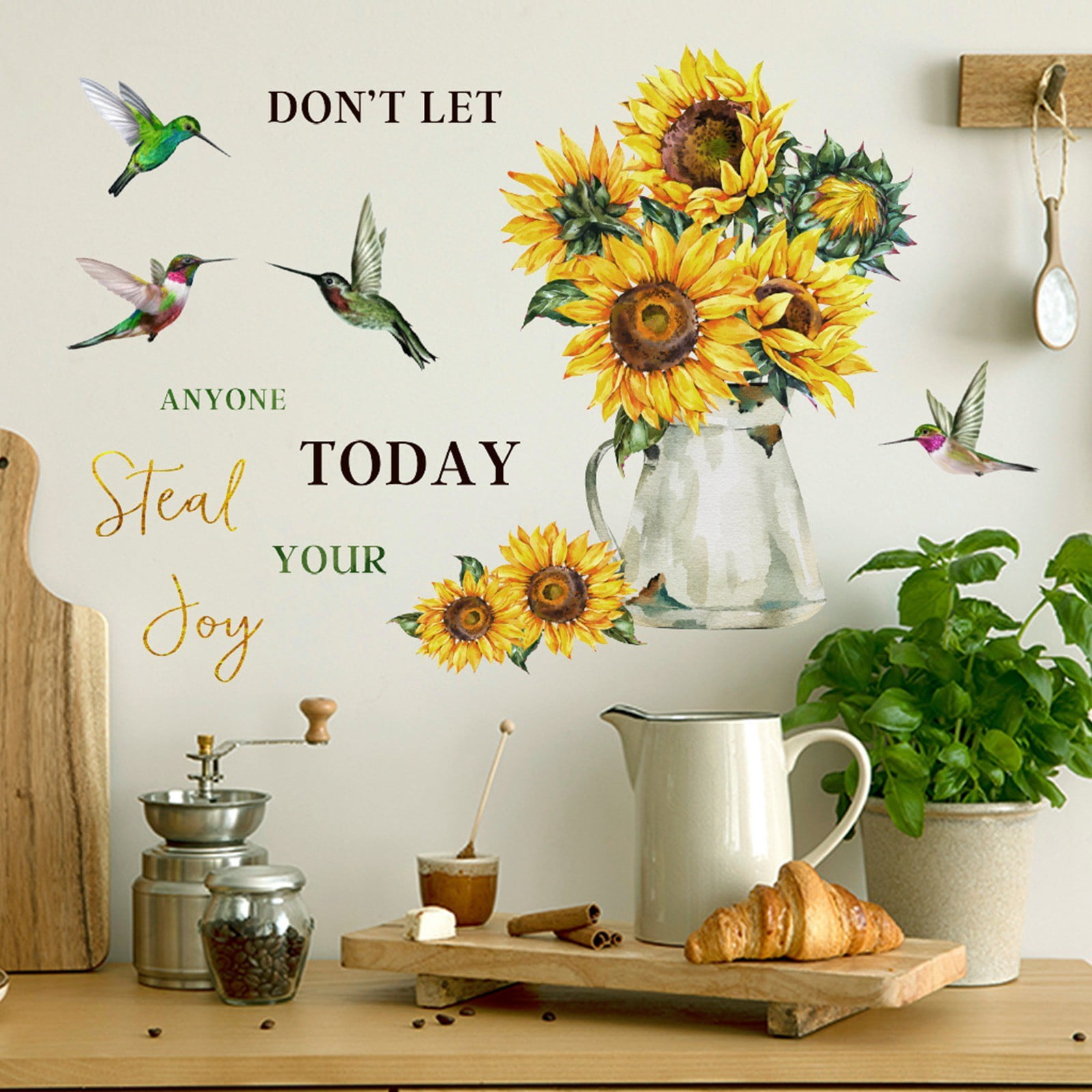 Hummingbird Sunflower Vase English Sticker Self Removable Bedroom Wall ...