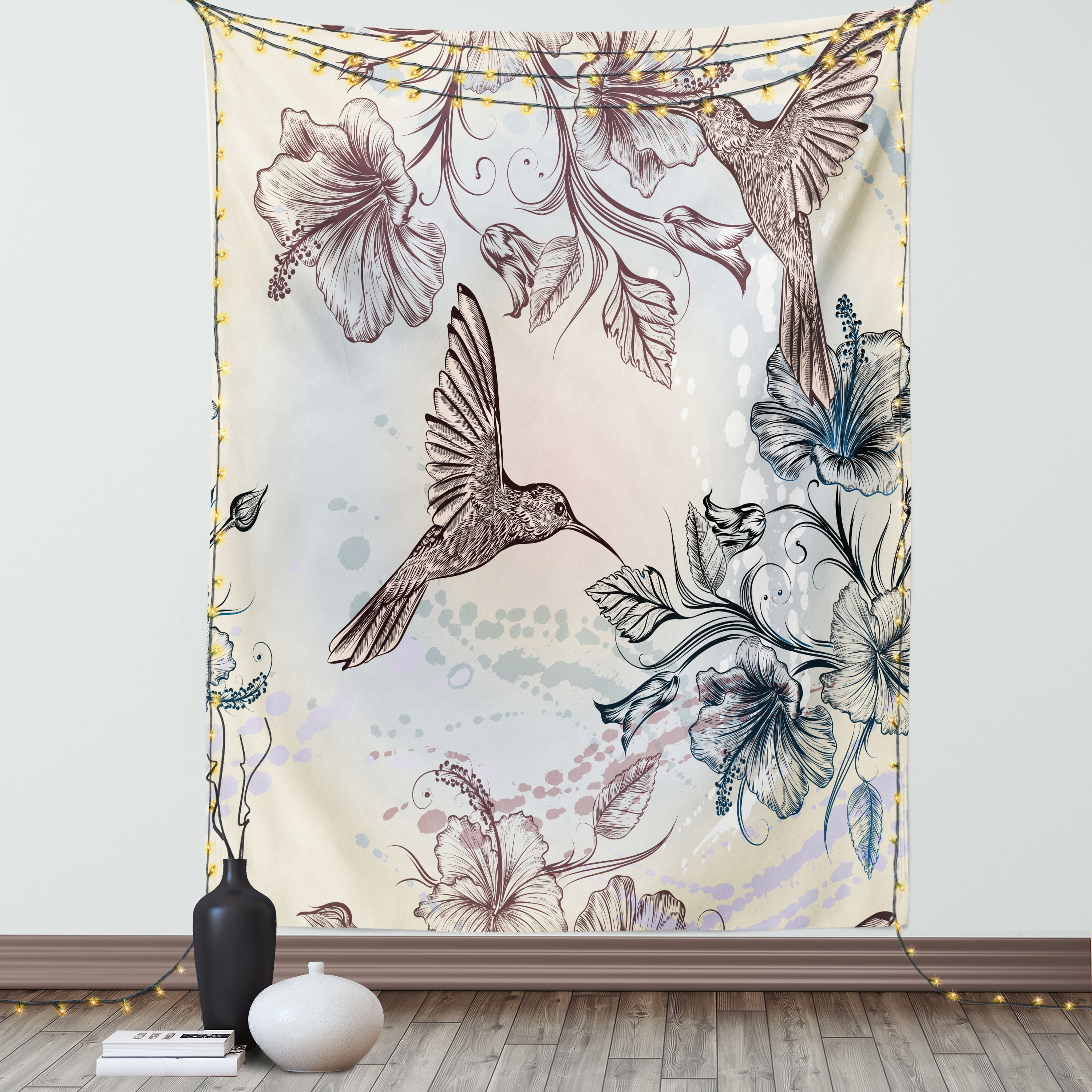 Hummingbird Tapestry, Birds And Hibiscus Flowers Nostalgia Antique ...