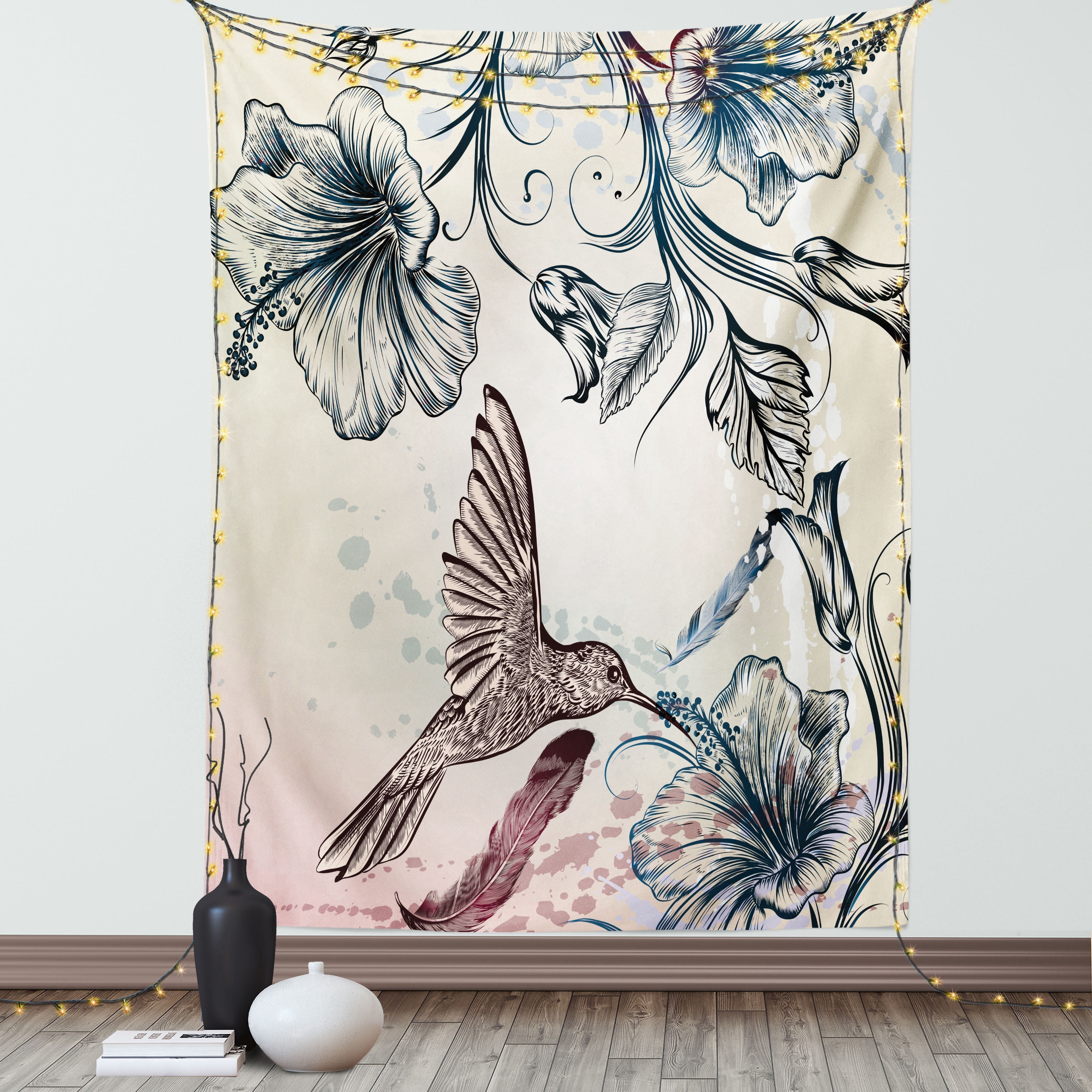 Hummingbird Tapestry, Floral Art in Vintage Style with Hummingbird ...