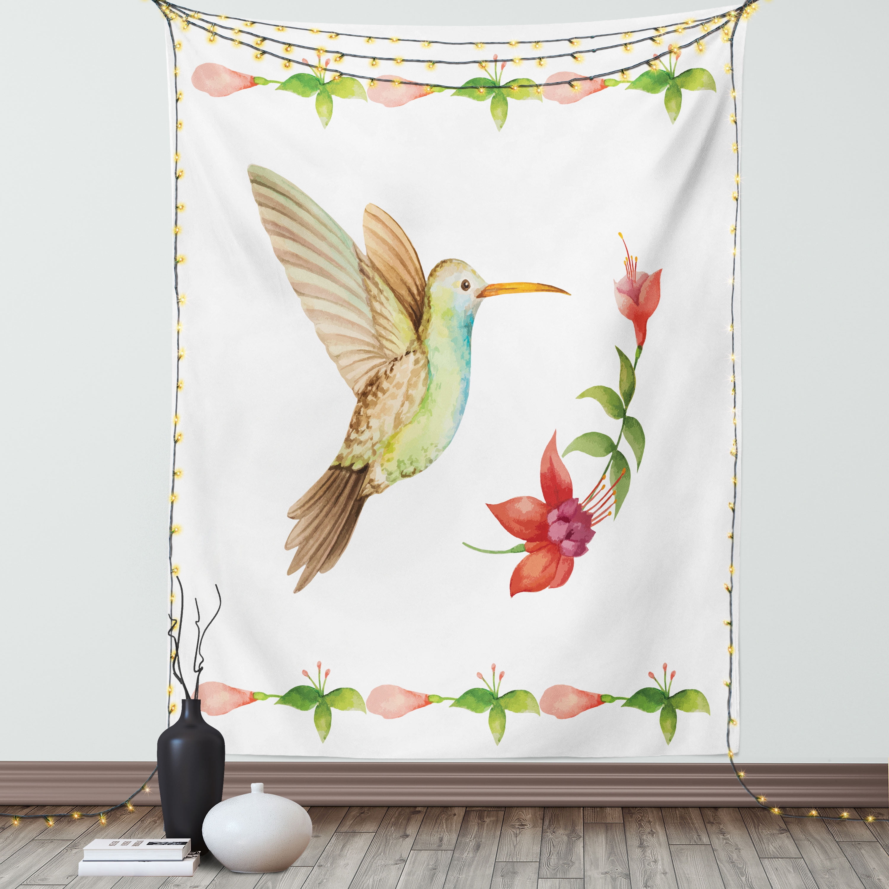 Hummingbird Tapestry, Hummingbird Flying over A Fuchsia Flower Stem ...