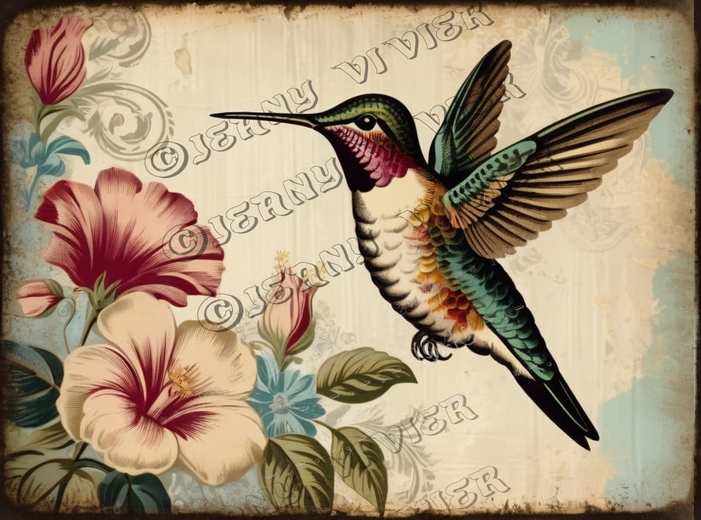 Hummingbird Tin Sign Lovely Bird Elegance Floral with Aroma Leaves and ...