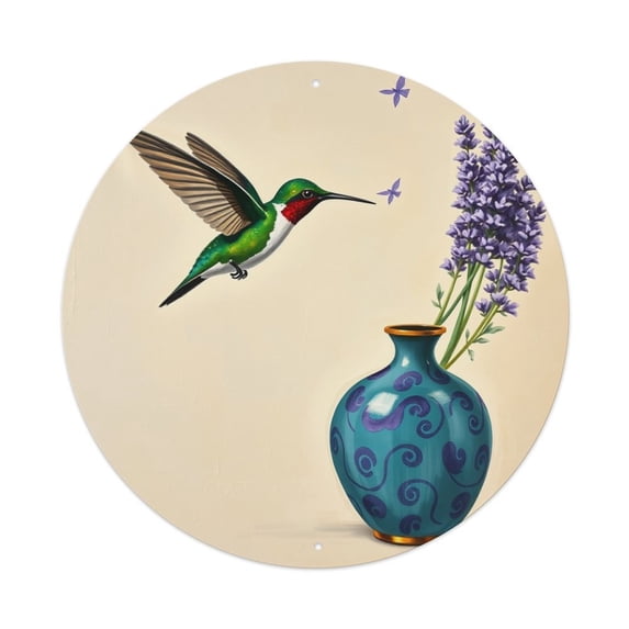Hummingbird Vase Lavender Art7.9x7.9in Round Aluminum Plaque Wall Art ...