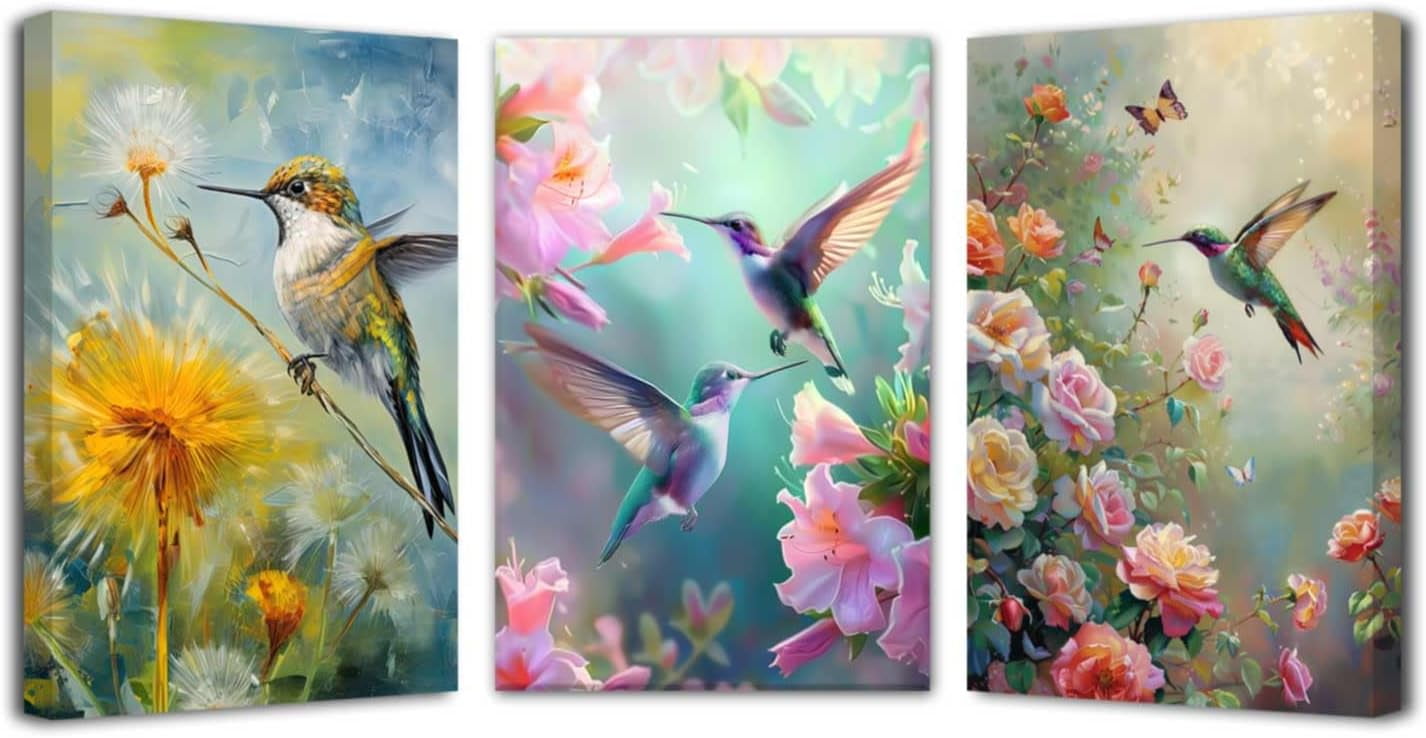 Hummingbird Wall Art Birds Canvas Prints 3 Pieces Watercolor ...