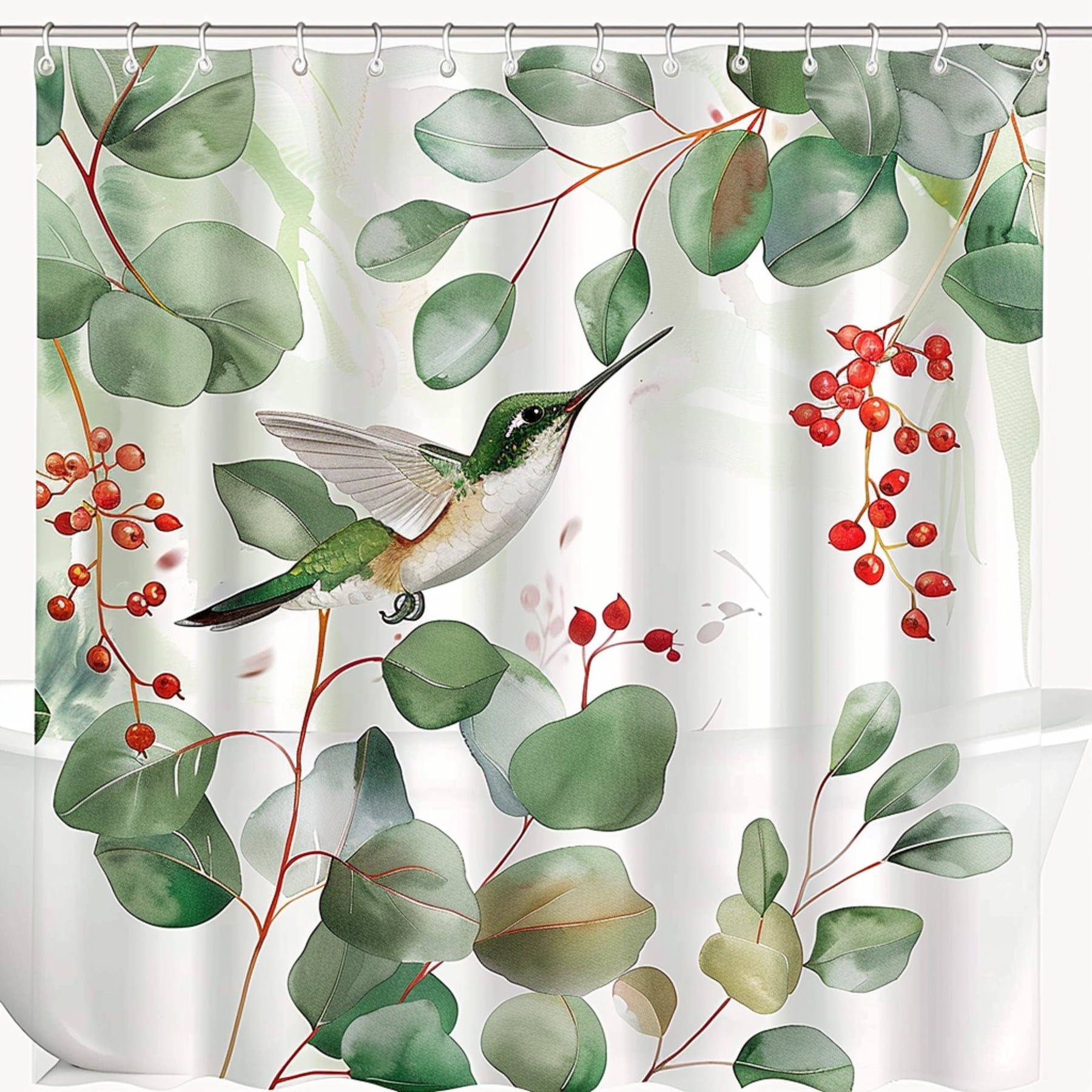 Hummingbird Watercolor Shower Curtain With Eucalyptus Leaves And