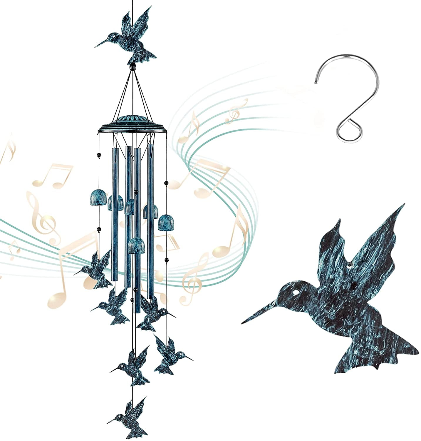 Hummingbird Wind Chimes Outdoor Wind Chime with 4 Aluminum Tubes & 6 ...