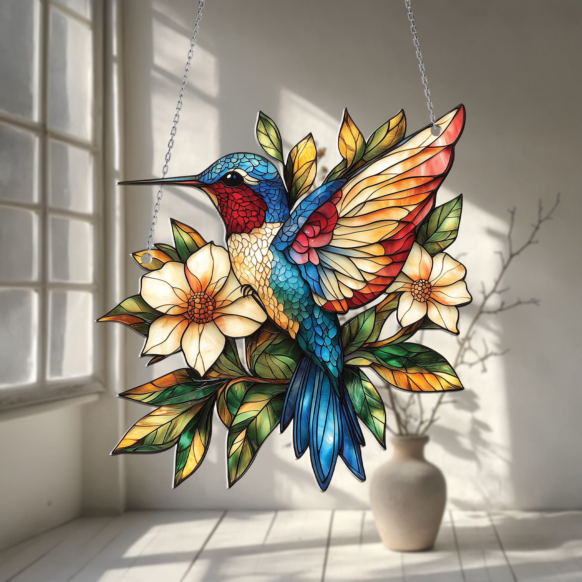 Hummingbird Window Hanging - Acrylic Suncatcher with Vibrant Flowers ...