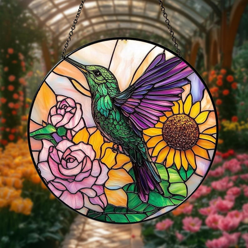 Hummingbird Window Hanging Suncatcher, Faux Stained Glass Hummingbirds and Flowers, Gifts for ...