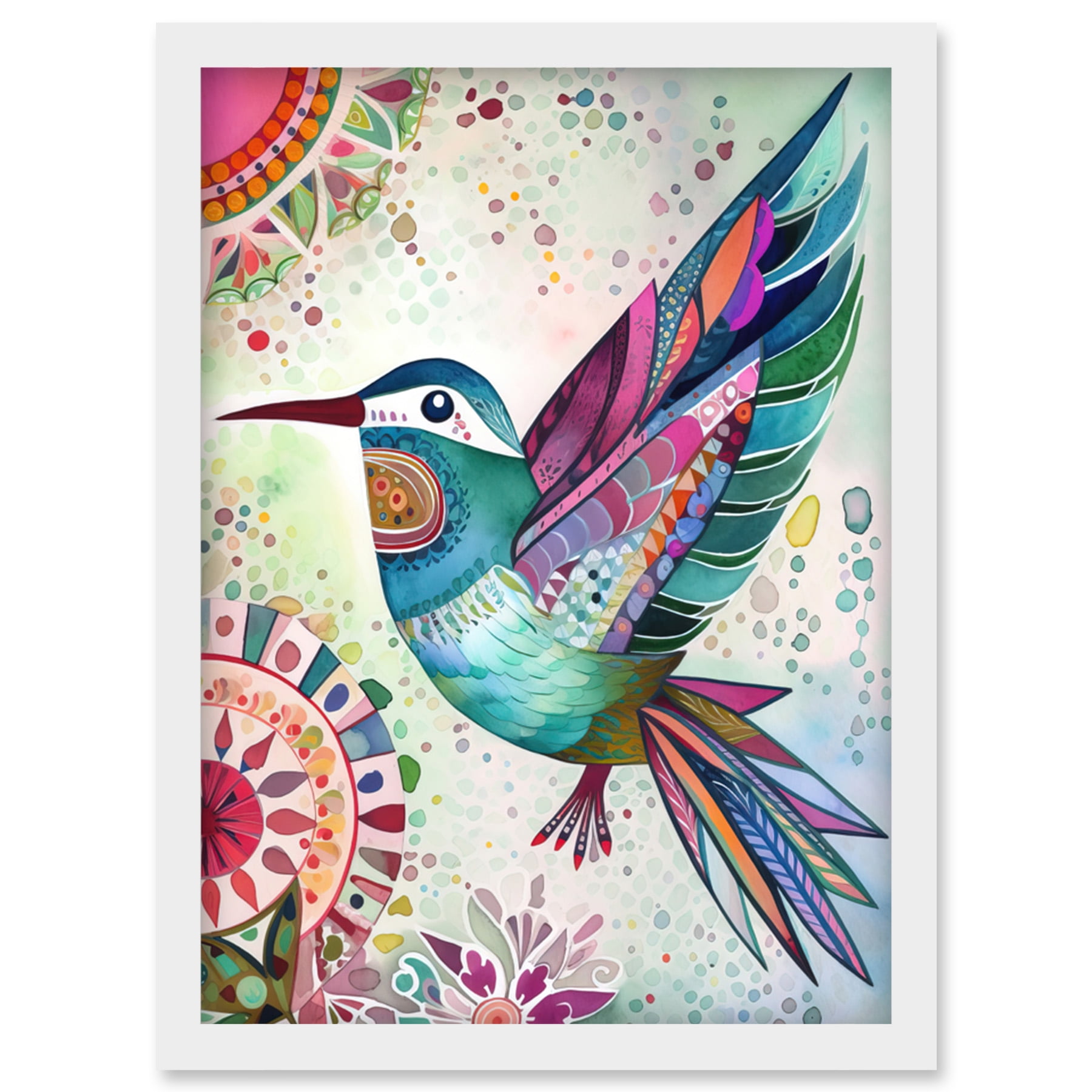 Hummingbird With Multicolour Mandala Patterns Folk Art Watercolour ...