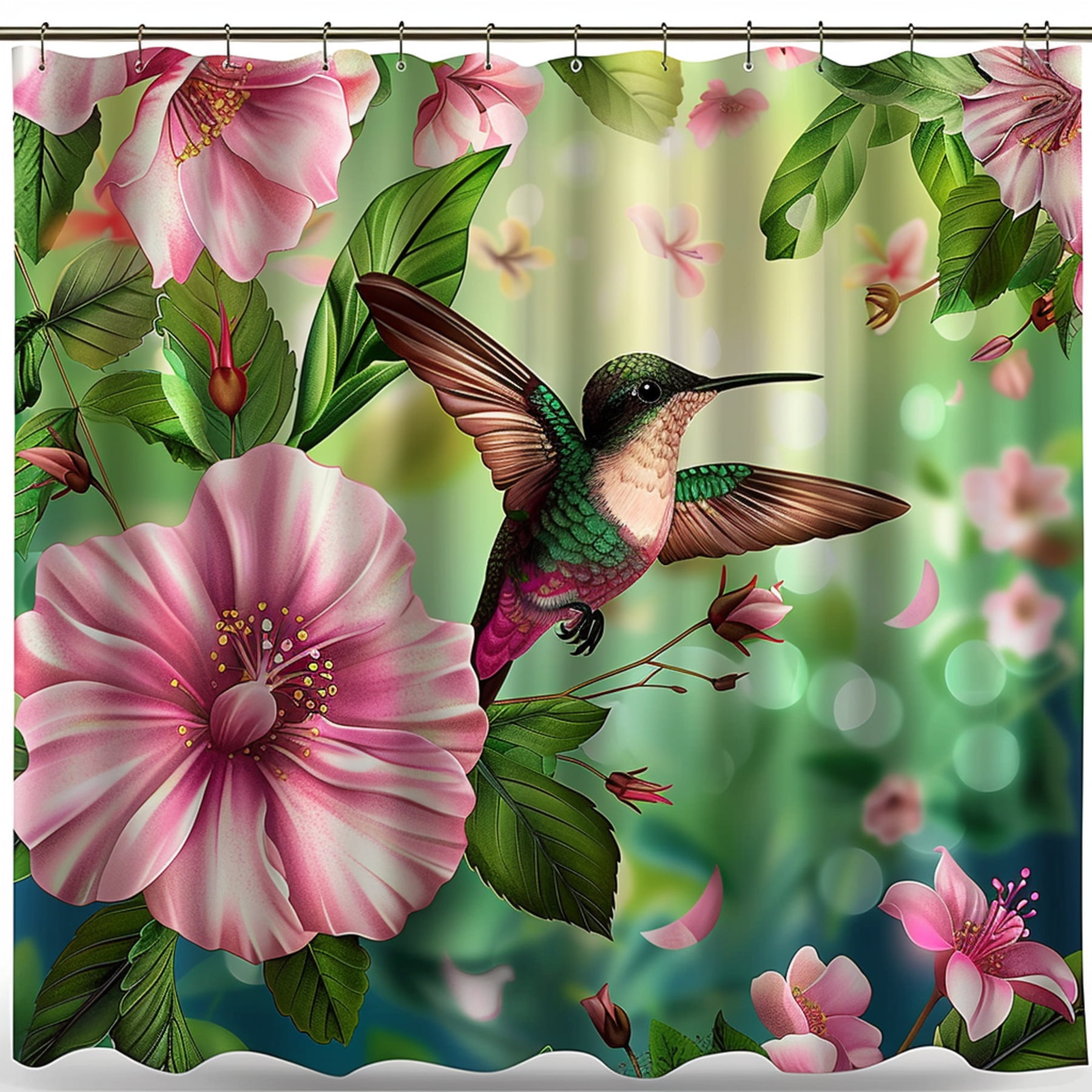 Hummingbird And Floral Shower Curtain With Hyperrealistic Design