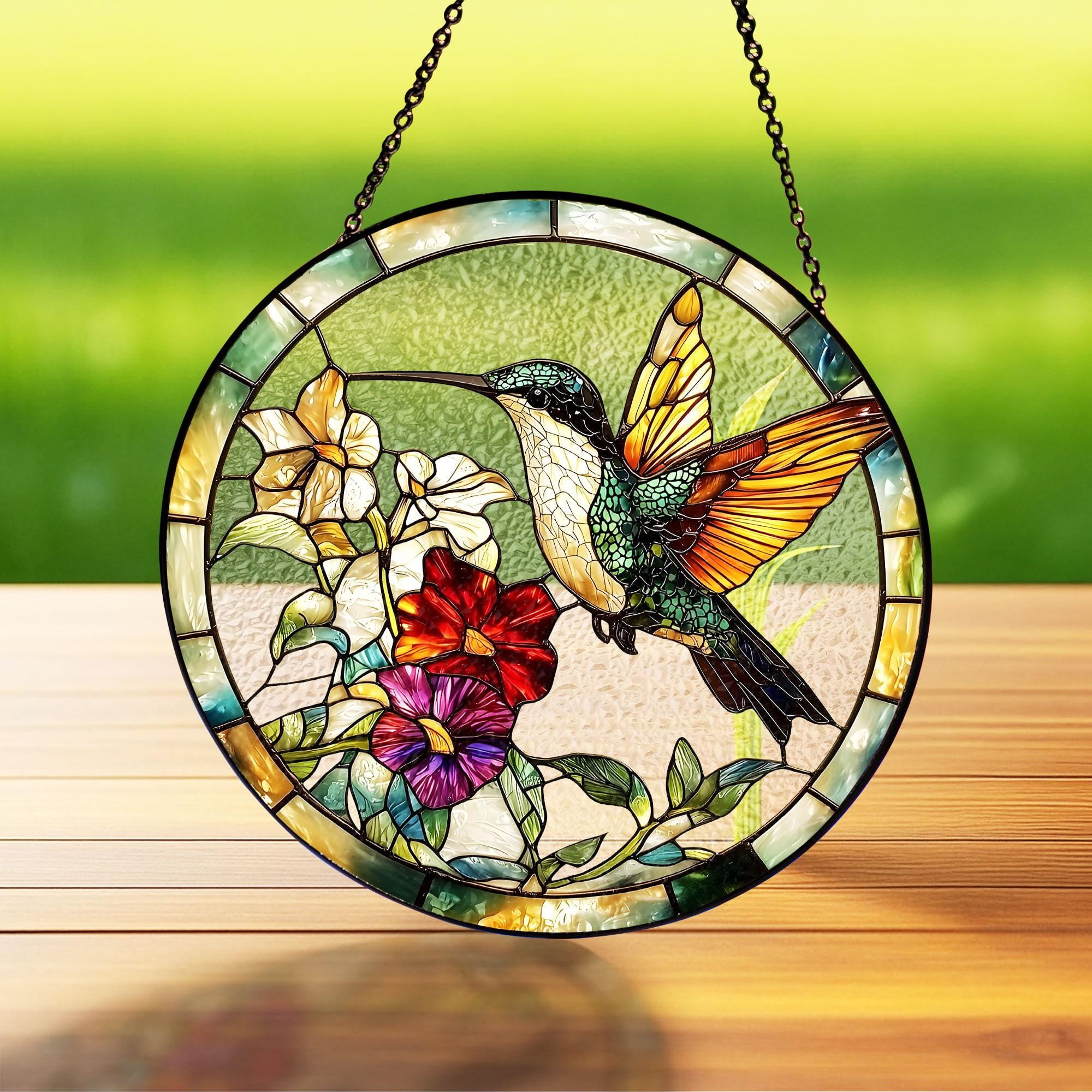 Hummingbird and Flower stained glass, Tiffany Glass Bird Window Hanging ...