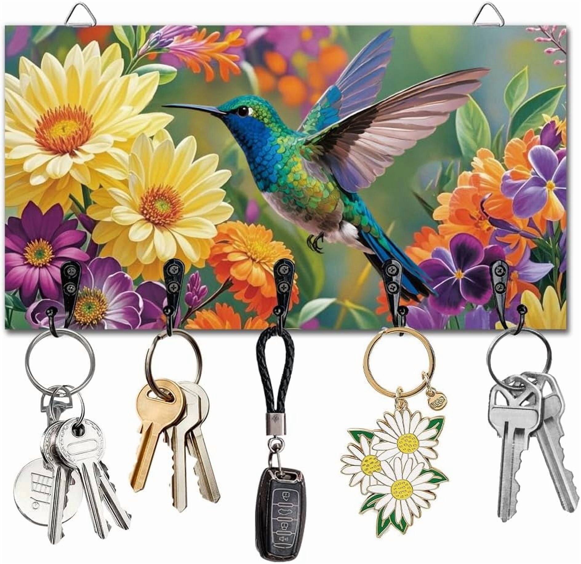 Hummingbird and Flowers Key Holder Key Hooks Wall Mounted Wooden Key ...