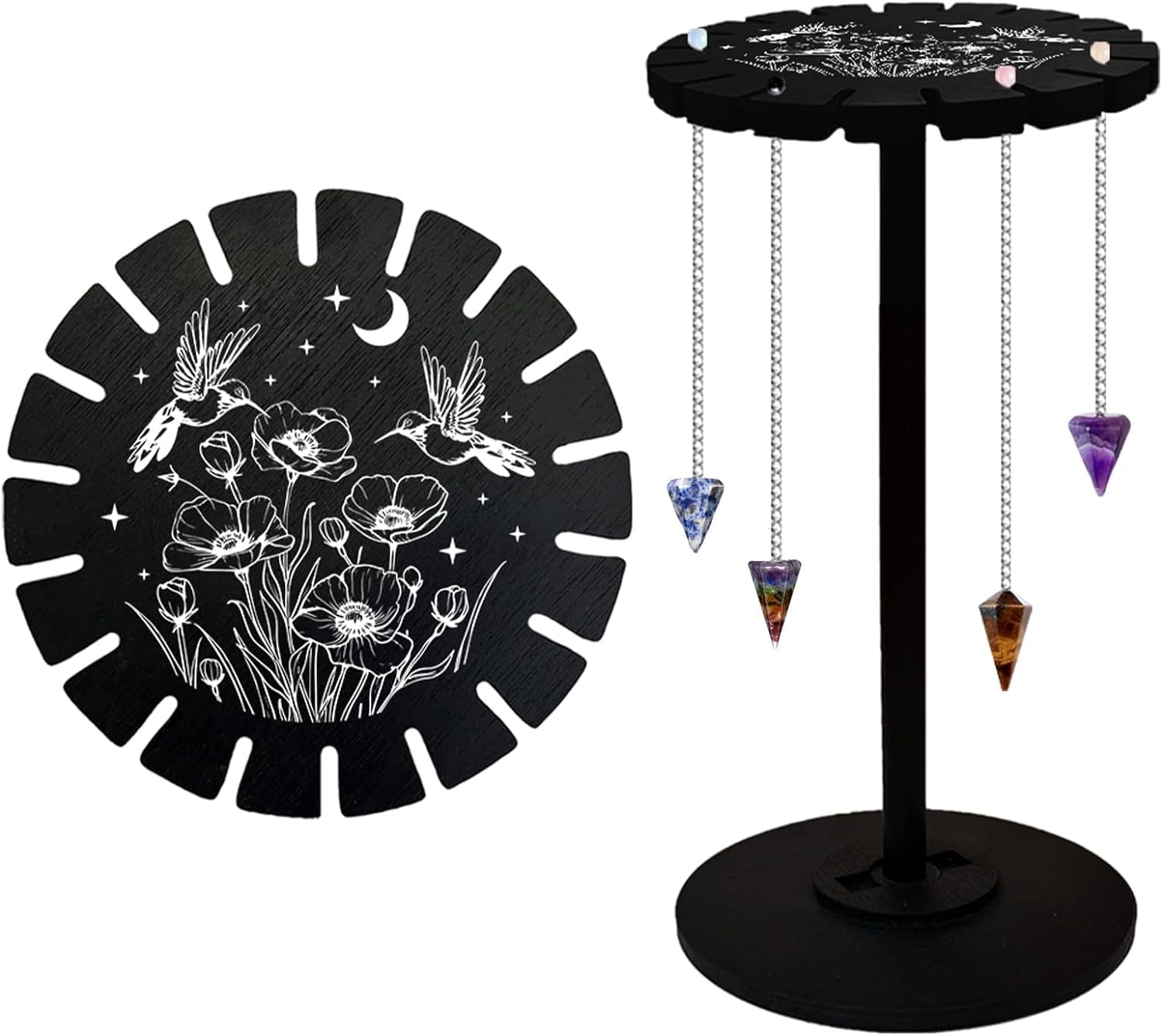 Hummingbird and Flowers Pendulum Display Stand Black Wooden Crystal ...