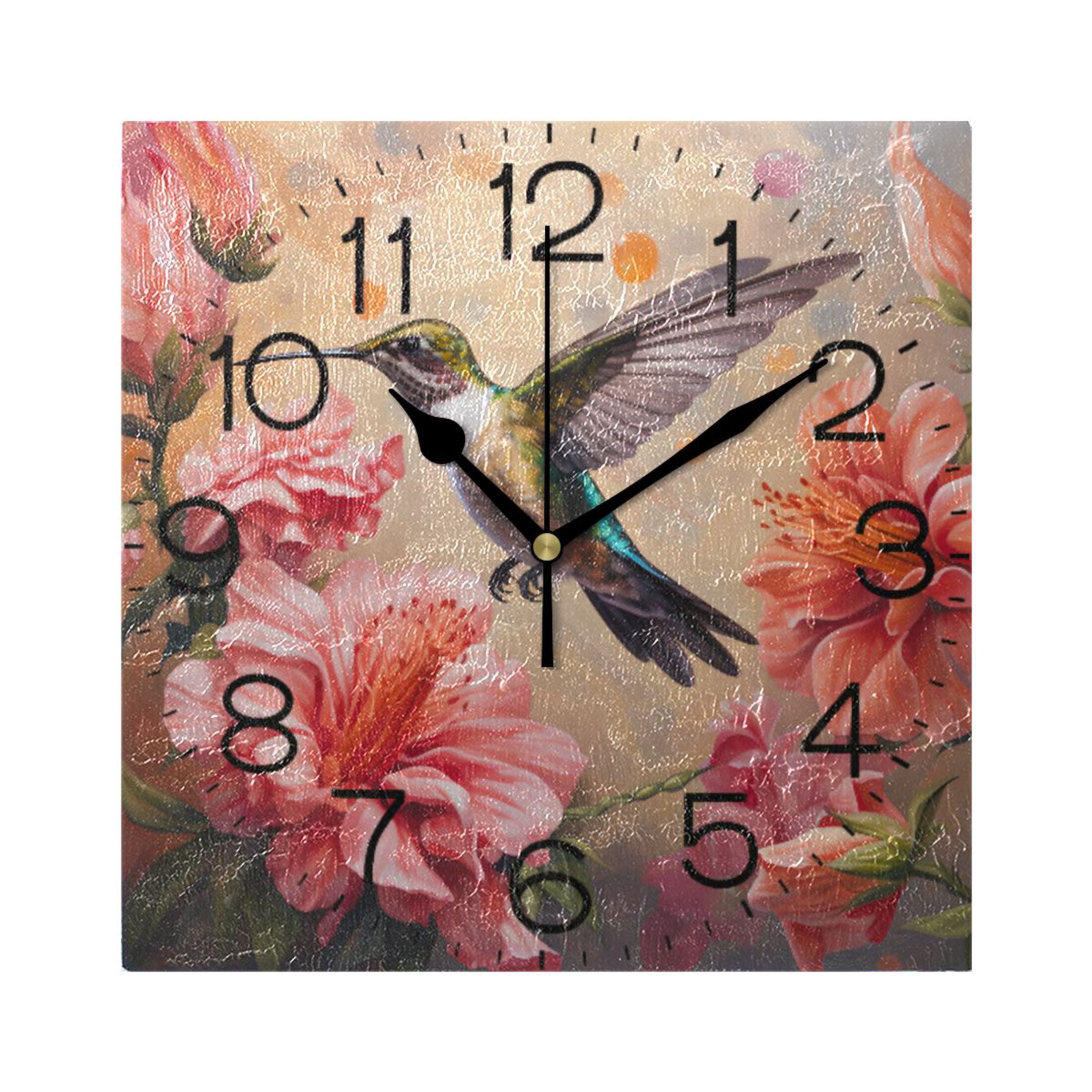 Hummingbird and Lily Flowers Wall Clock 7.78" Non-Ticking Silent ...
