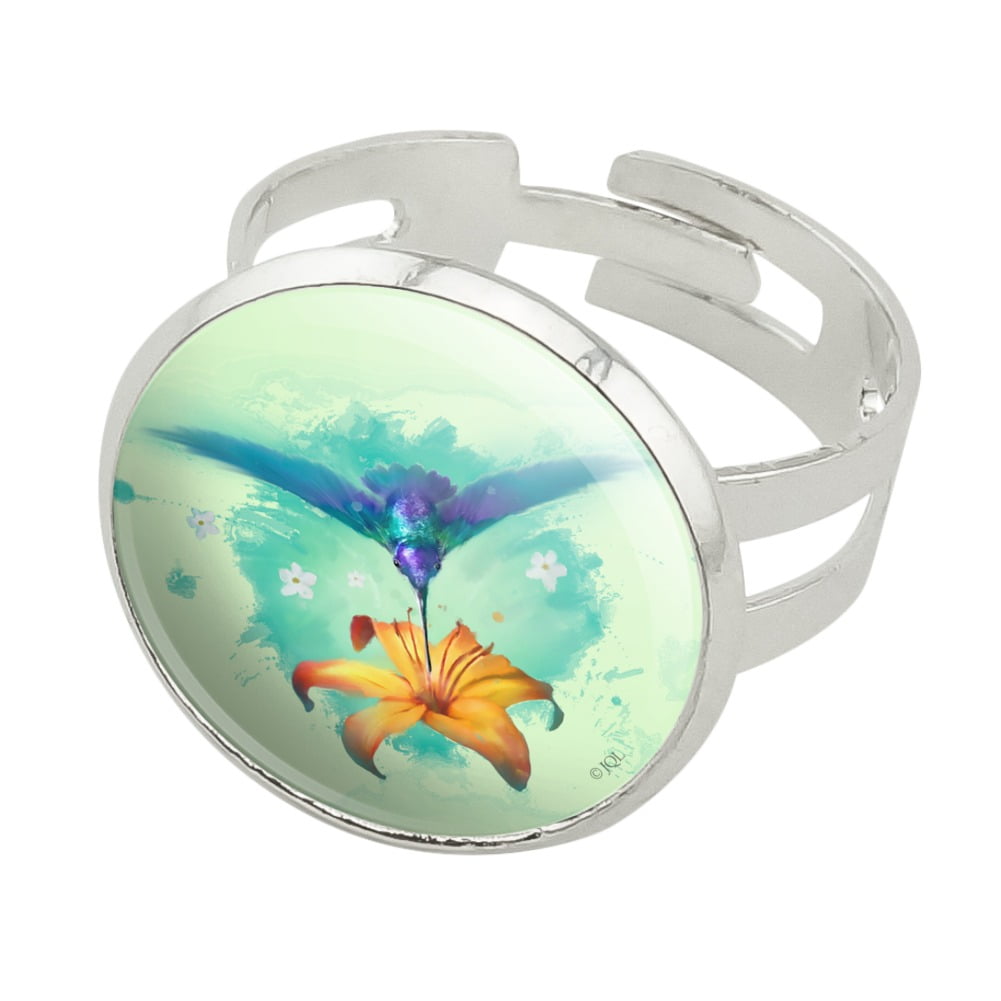 Hummingbird and Tiger Lily Flower Silver Plated Adjustable Novelty Ring ...