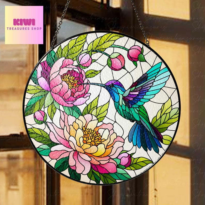 Hummingbird and peonies GLASS Suncatcher Hanging, hummingbird lovers ...