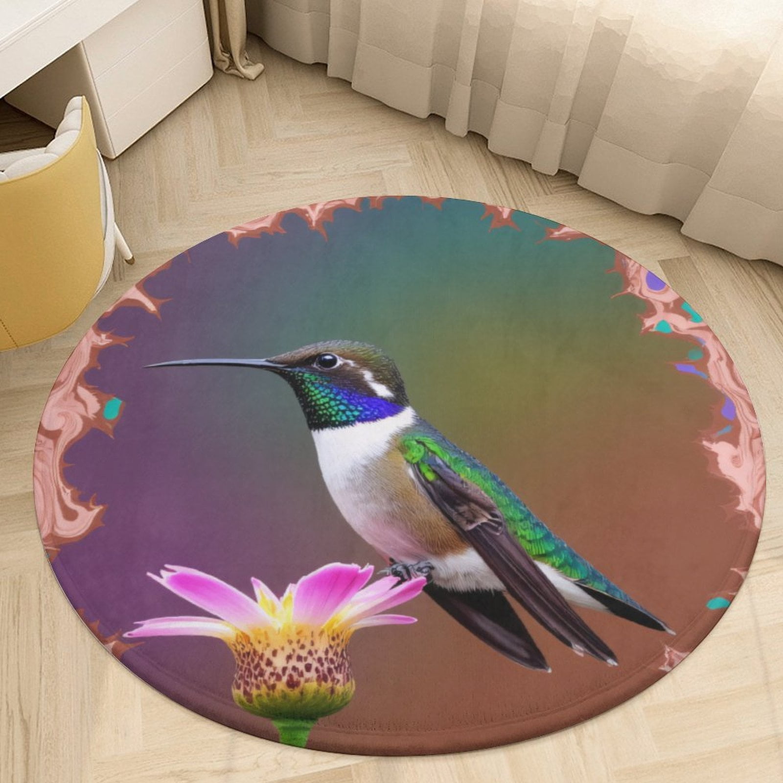 Hummingbird in Abstract Frame Round Area Rugs for Bedroom Living Room ...