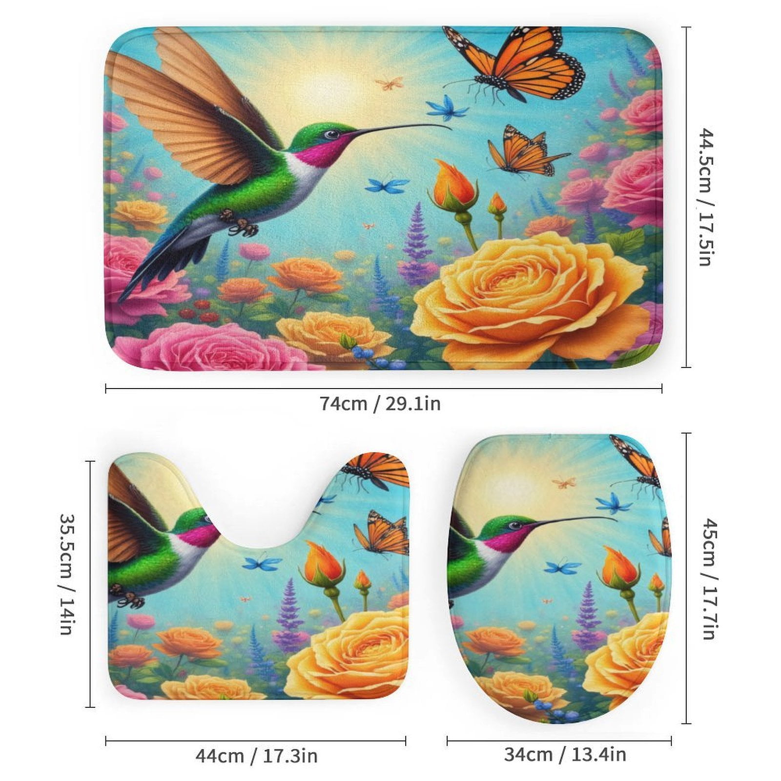Hummingbird in Floral Garden Bathroom Rugs Sets 3 Piece Toilet Lid ...