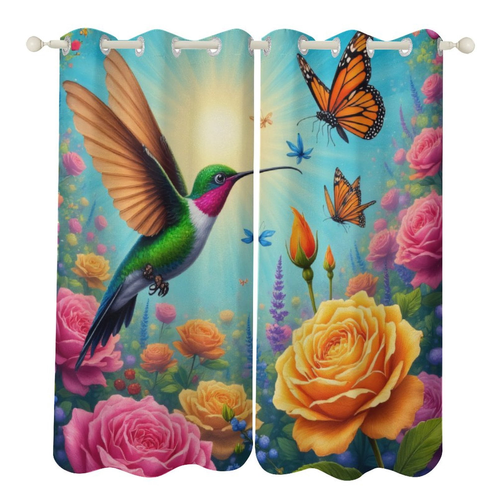 Hummingbird in Floral Garden Blackout Window Curtains for Bedroom ...