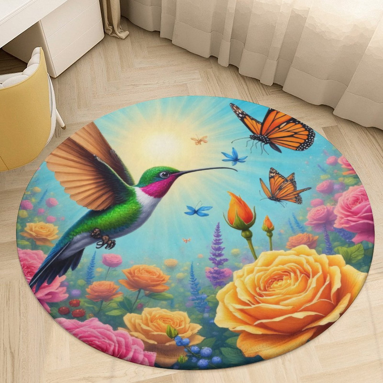 Hummingbird in Floral Garden Round Area Rugs for Bedroom Living Room, 5FT Soft Indoor Circle ...