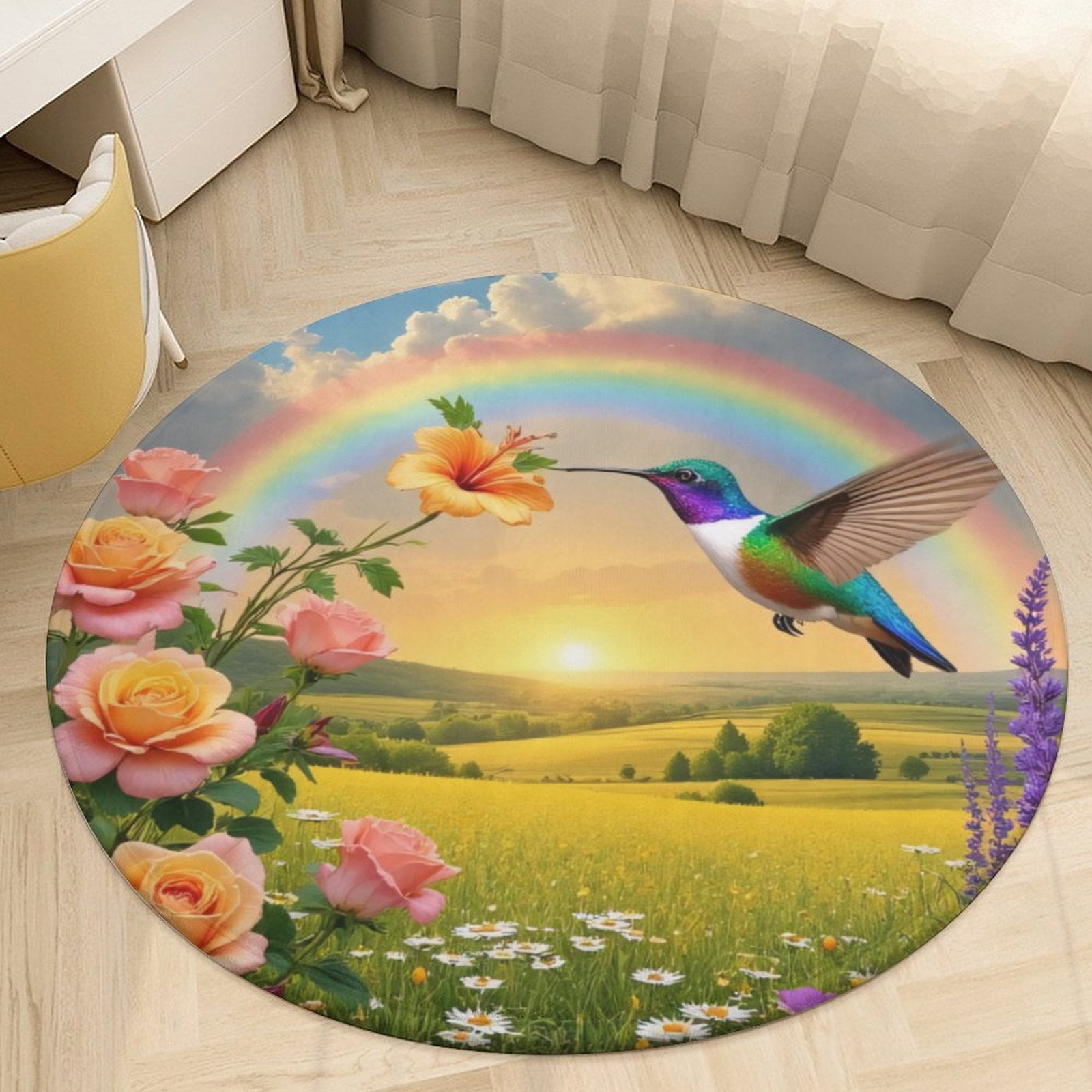 Hummingbird in Rainbow Garden Round Area Rugs for Bedroom Living Room ...