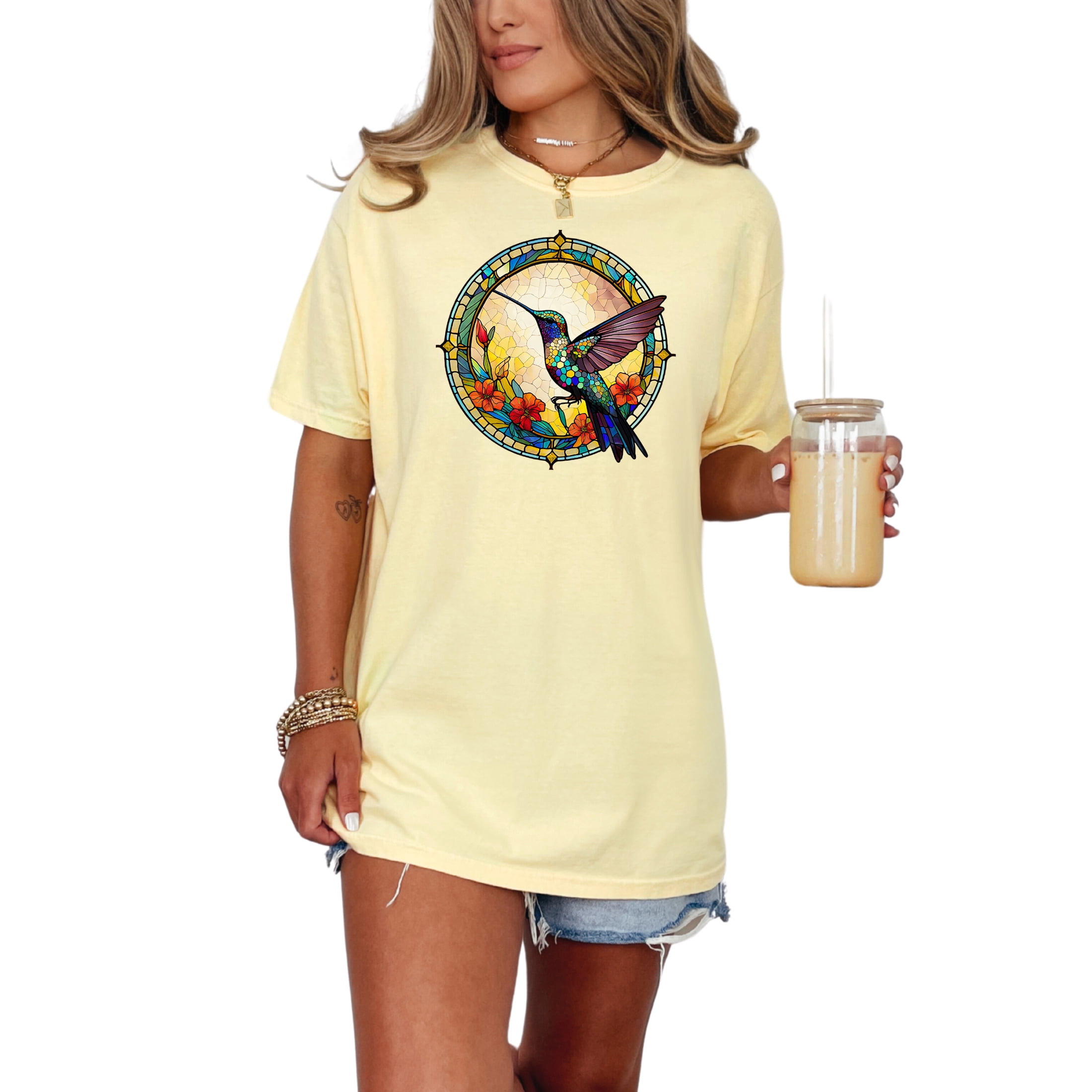 Hummingbird stained glass window art graphic tee, vibrant bird floral ...
