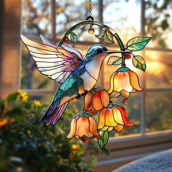 Hummingbird with Flower Christmas Hanging Ornament Stained Glass Effect ...