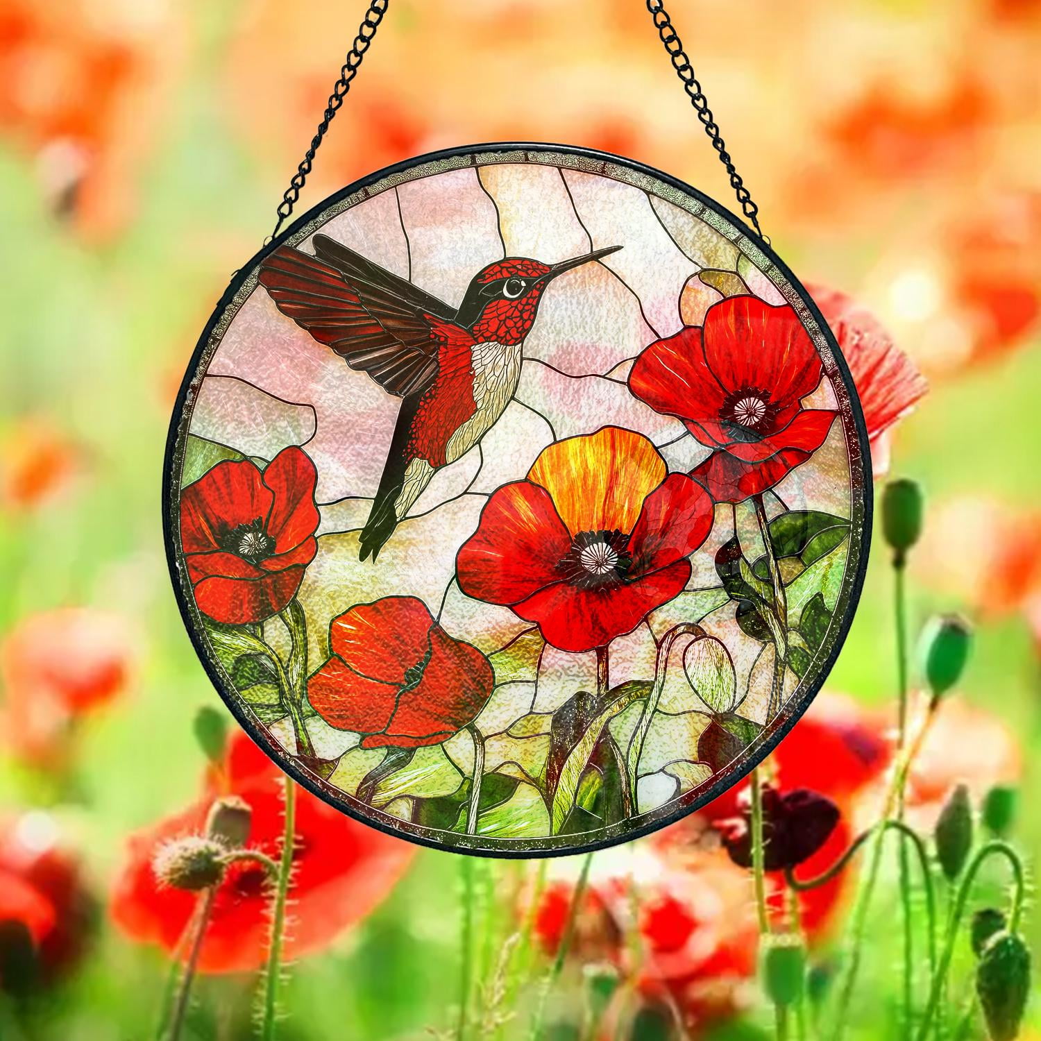 Hummingbird with Poppy Flowers Stained Glass Suncatcher – Window ...