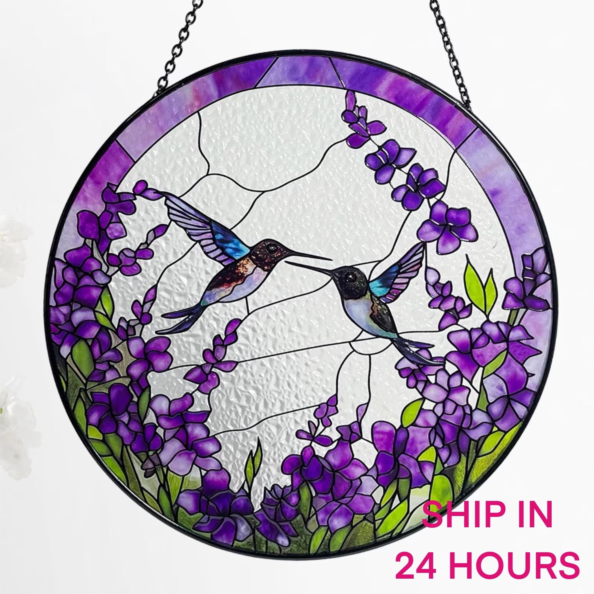 Hummingbirds Among Lavender Flowers Stained Glass Suncatcher, Wall Art ...