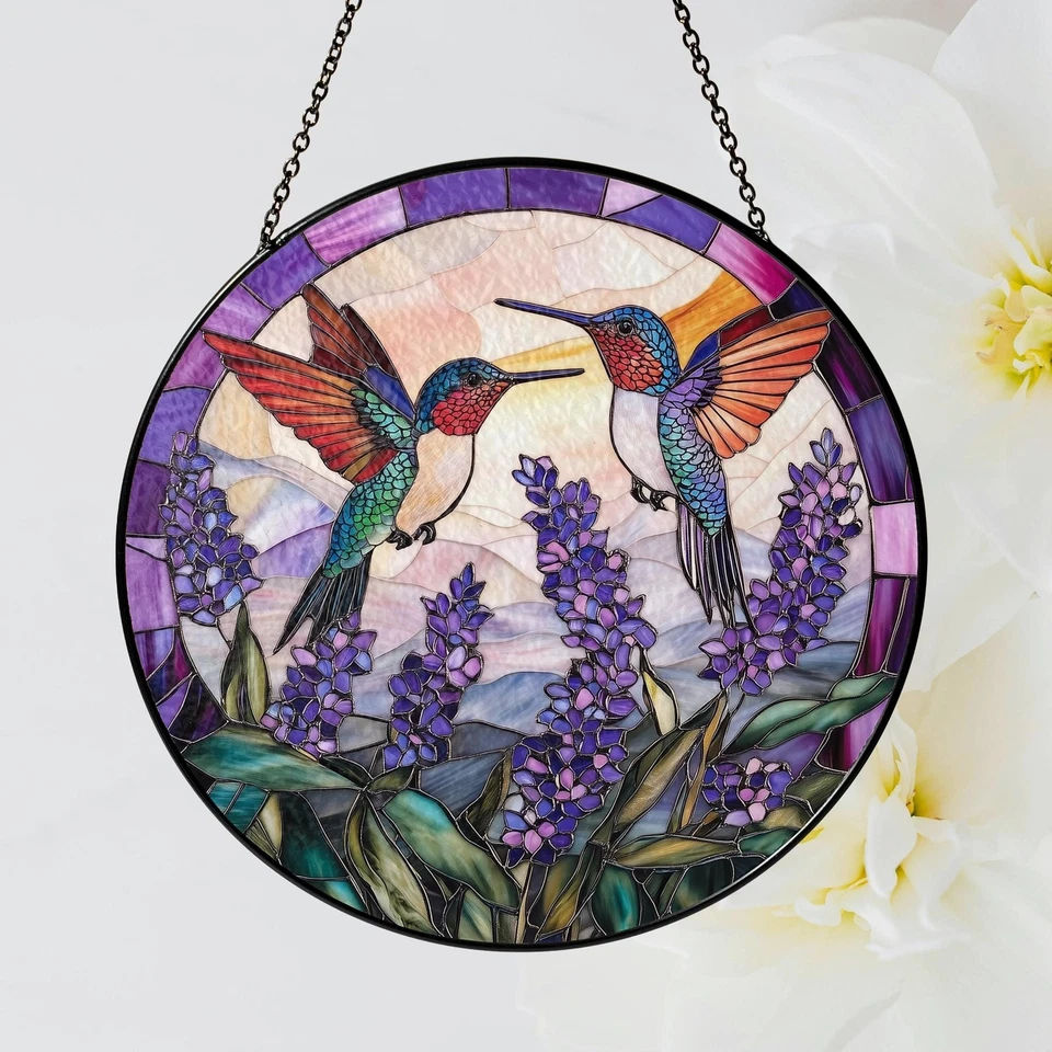 Hummingbirds And Lavender Flowers Stained Glass Suncatcher, Stained ...