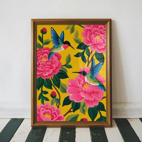 Hummingbirds And Pink Flowers Wall Art, Floral Bird Illustration, Pink ...