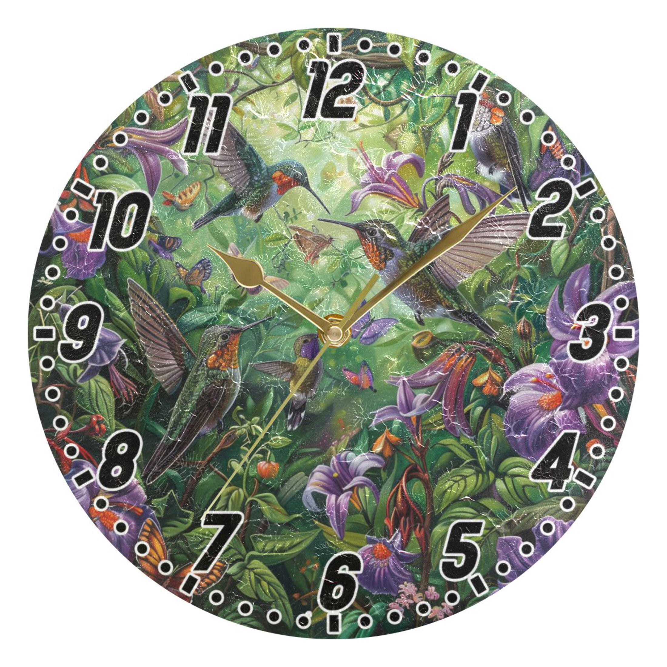 Hummingbirds Dance in Leaves Round Wall Clock Battery Operated Silent ...