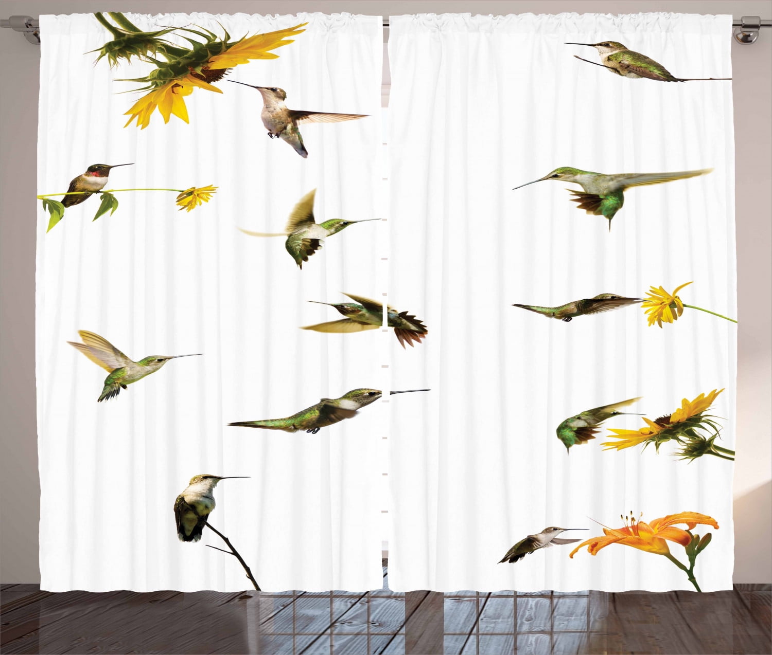Ambesonne Hummingbirds Curtains 2 Panel Set, Hummingbird Sunflowers ...