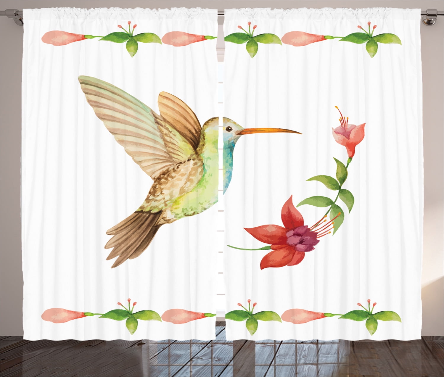 Ambesonne Nature Curtains 2 Panel Set, Hummingbird Art, 108" x 84", Red ...