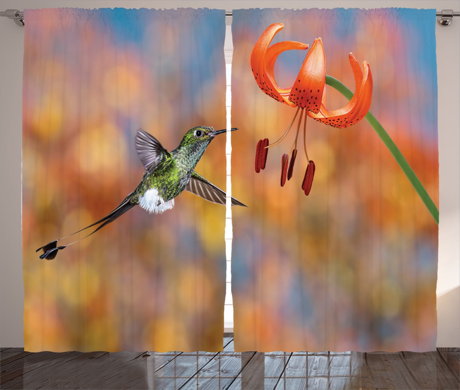 Ambesonne Bird Curtains 2 Panel Set, Racket Tail Lily Nectar, 108" x 84 ...