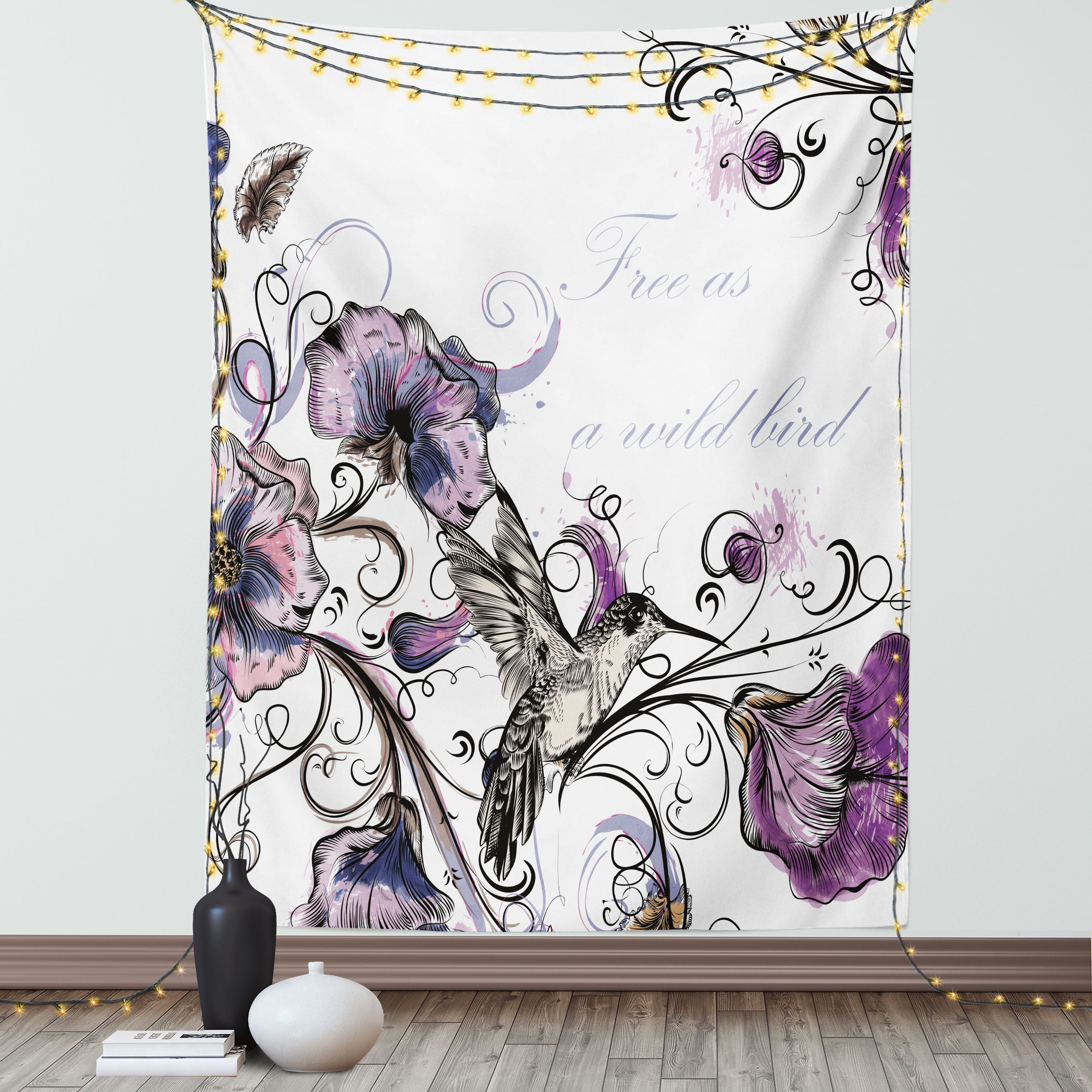 Hummingbirds Decorations Wall Hanging Tapestry, Flowers Leaves Bird and Classic Patterns Curvy ...
