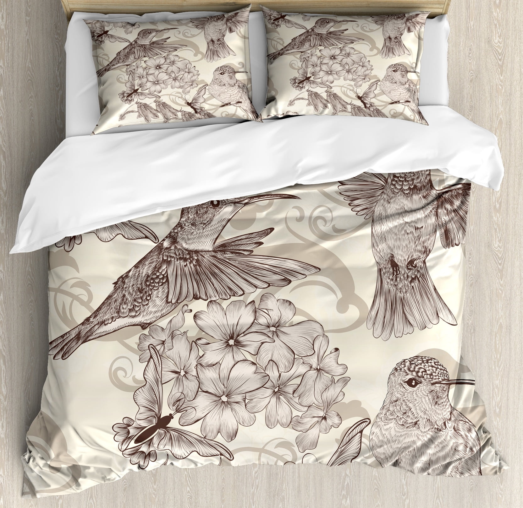 Hummingbirds Duvet Cover Set, Birds and Flowers Monochromic Classical ...