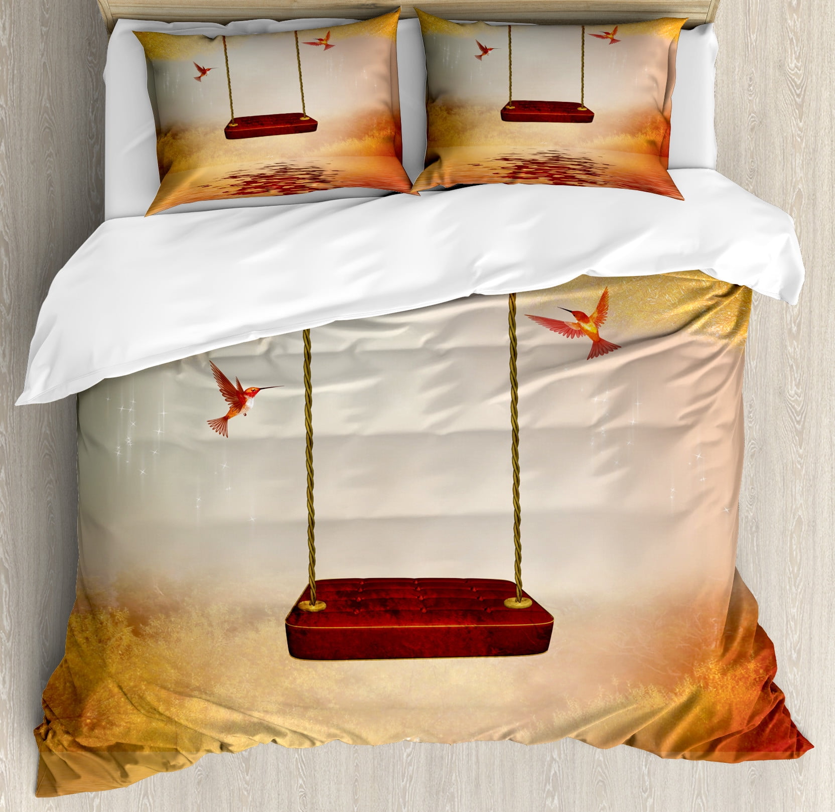 Hummingbirds Duvet Cover Set, Red Hammock and Hummingbird in a Peaceful ...