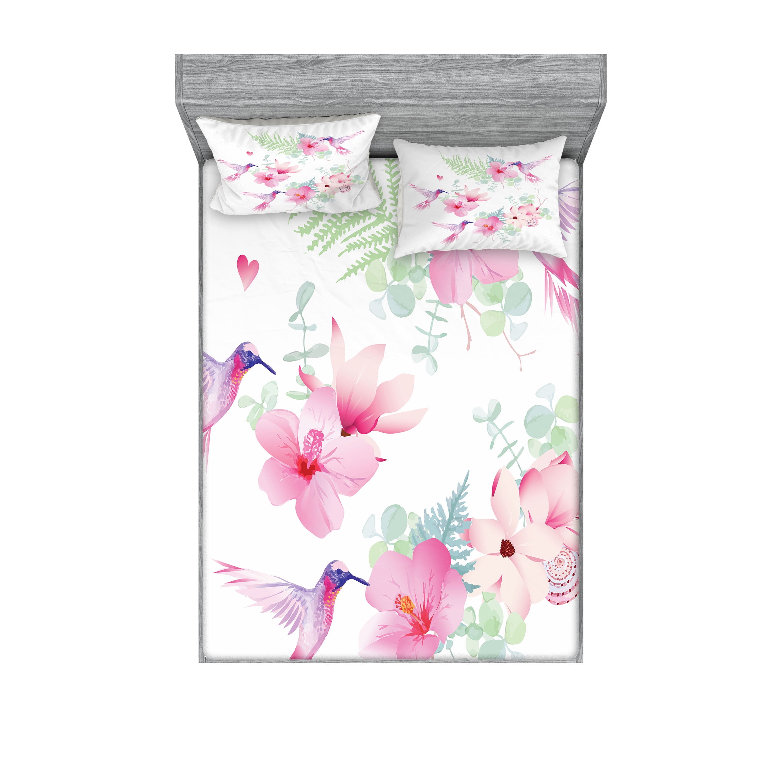 Hummingbirds Fitted Sheet & Pillow Sham Set, Tropical Summer Flying ...