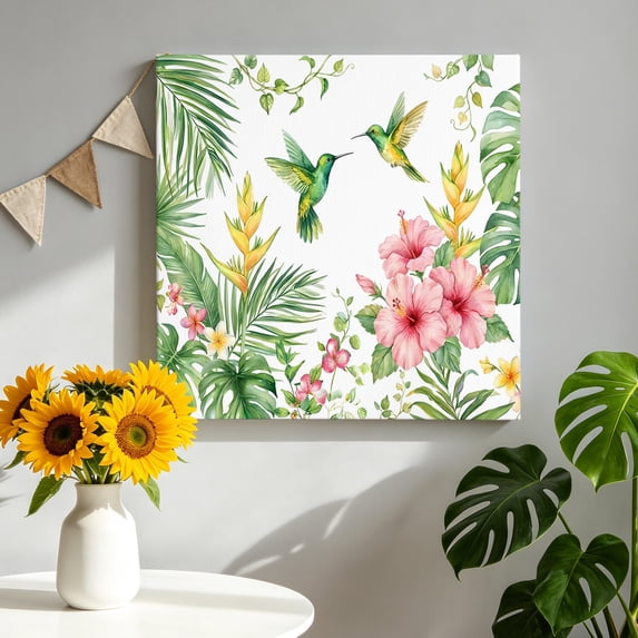 Hummingbirds Hibiscus Canvas Wall Art, Birds Botanical Tropical Plant ...
